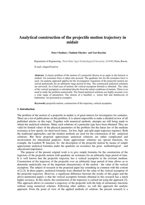 Pdf Analytical Construction Of The Projectile Motion Trajectory In Midair