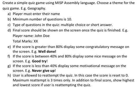 Solved Create A Simple Quiz Game Using Misp Assembly