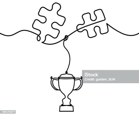 흰색 배경에 줄 그리기로 트로피와 추상 직소 퍼즐 개념에 대한 스톡 벡터 아트 및 기타 이미지 개념 격언 낙서 드로잉 Istock