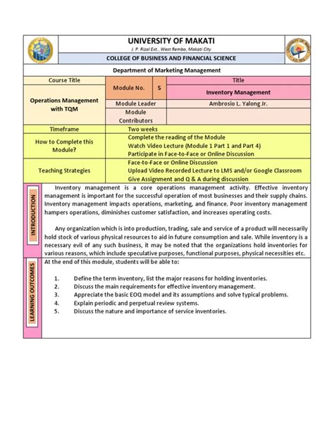 Module 5 Operation Management With Tqm Pdf Inventory Operations Management