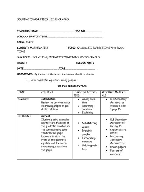 Solving Quadratics Using Graphs Pdf Quadratic Equation Mathematics