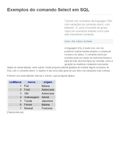 Exemplos Do Comando Select Em Sqlpdf Sql Áreas De Ciência Da Computação
