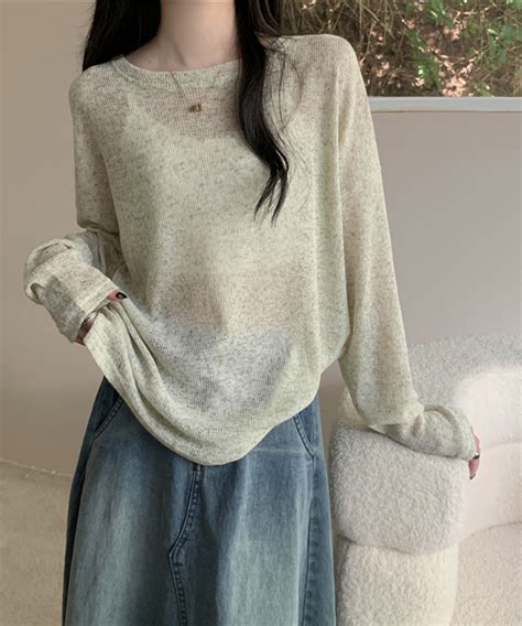 여름 긴팔 니트탑 크루넥 시스루 로우숄더 루즈핏 보카시 골지 손등덮는 긴소매 롱 니트티 비치는 살탐방지 에어컨 썬블럭 레이어드 여름휴가룩 캐주얼 대학생 캠퍼스룩