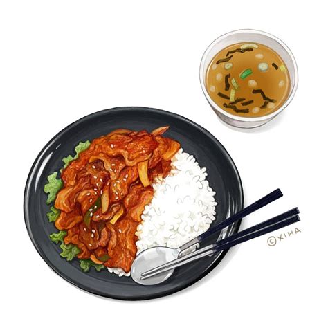 Xiha On Instagram 오늘의 밥🤔🔥 제육덮밥에 대한 부족한 사랑을 반성중 제육볶음 그림 그림스타그램 일러스트 푸드일러스트 스케치
