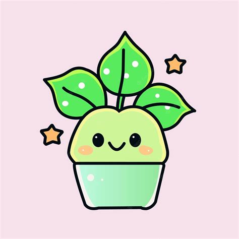Dibujado A Mano Linda Planta Flor Hoja Maceta Feliz Personaje Kawaii Dibujos Animados Dibujos