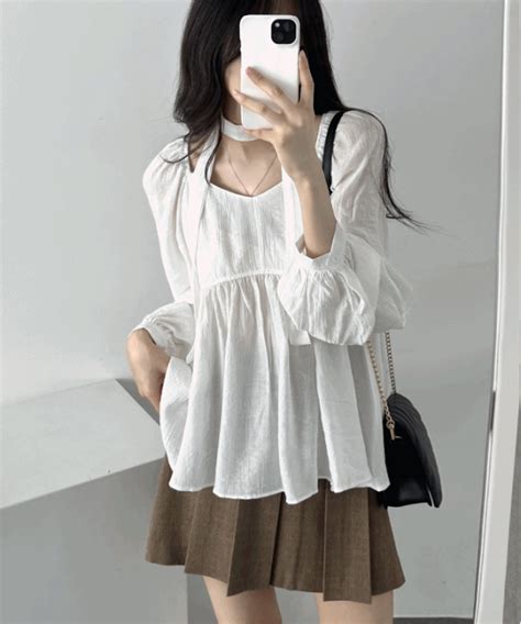 옐로우바빌 [봄🌷 초커set 여리핏💗]레토 초커 하트넥 플레어 퍼프 블라우스 3col