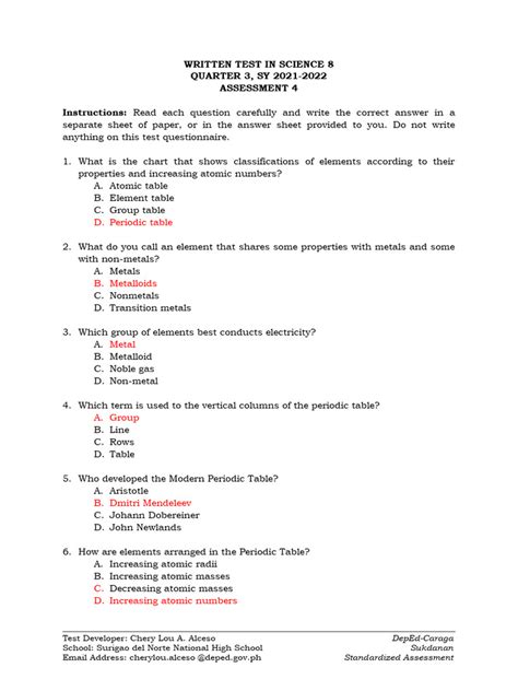 S8 Q3 Answer Key 4 Pdf Metals Chemical Elements