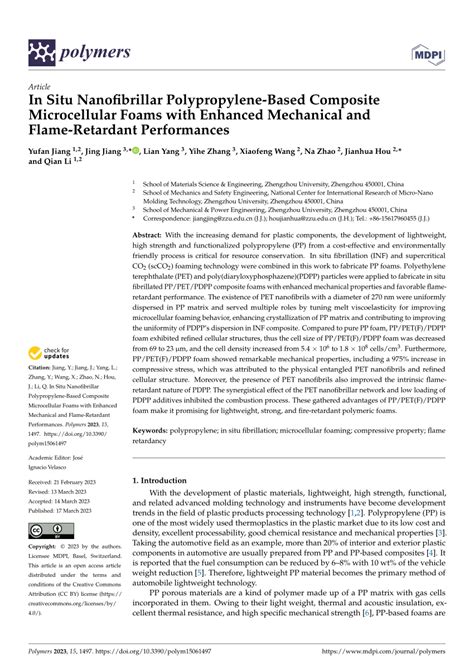 Pdf In Situ Nanofibrillar Polypropylene Based Composite Microcellular Foams With Enhanced