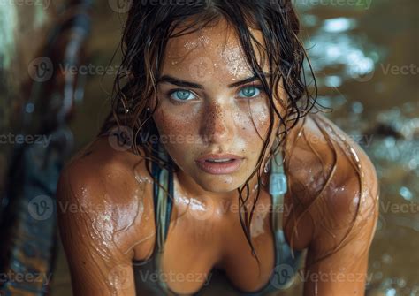 Ai Generated Beautiful Woman With Wet Face And Body After The Mud