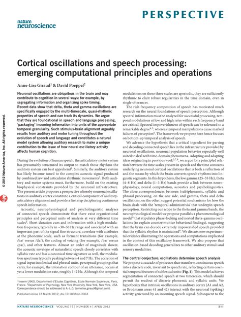 Pdf Cortical Oscillations And Speech Processing Emerging Computational Principles And Operations