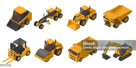 건설 및 광산 산업에 사용되는 3d 아이소메트릭 중장비 세트 프론트 로더 덤프 트럭 굴삭기 스키드 스티어 광산 트럭 모터 그레이더 토양 압축기 및 리프트 트럭 등측투영법에