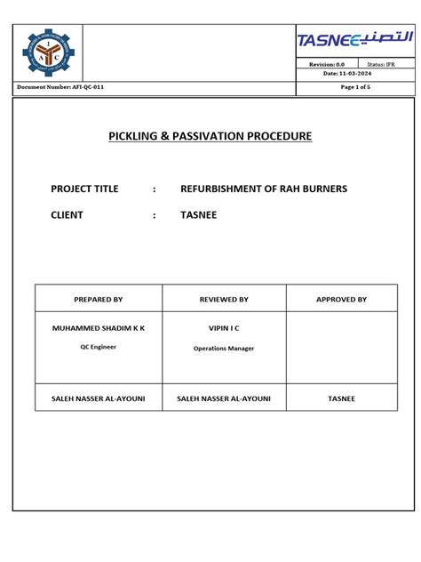 Pickling And Passivation Procedure Pdf