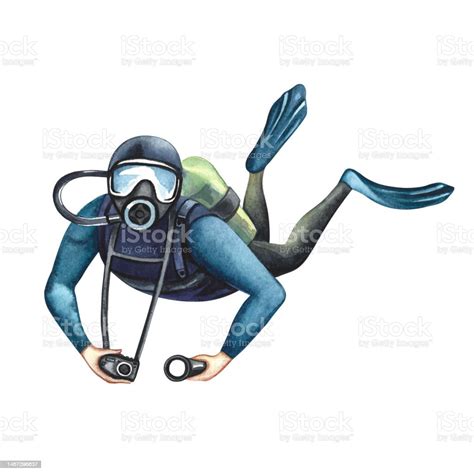 다이버는 수 중에서 수영합니다 수중 여행 손으로 그린 수채화 라벨 배너 전단지 브로셔에 대한 개념 스쿠버 다이빙에 대한 스톡