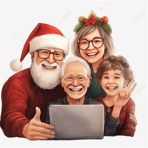 조부모님은 집에서 조카딸과 함께 크리스마스를 축하하며 웹캠을 향해 손을 흔들며 친척들과 이야기를 나누고 있습니다 영상 채팅 영상 통화 가족 인터넷 Png 일러스트 및