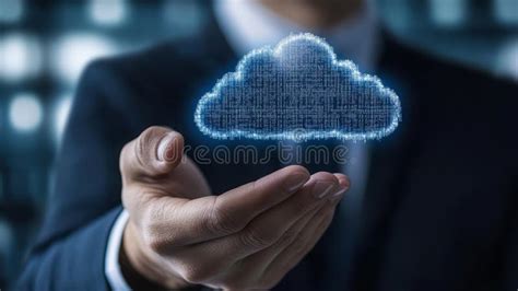 a businessman holds a cloud icon made of binary code symbolizing the