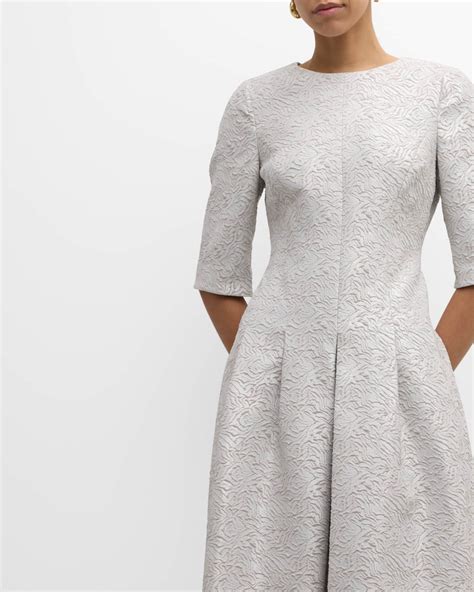 Rickie Freeman For Teri Jon Pleated Metallic Jacquard Midi Dress