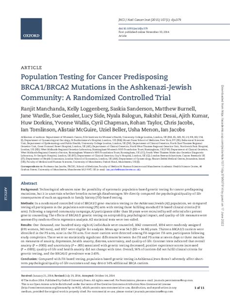 Pdf Population Testing For Cancer Predisposing Brca1 Brca2 Mutations In The Ashkenazi Jewish