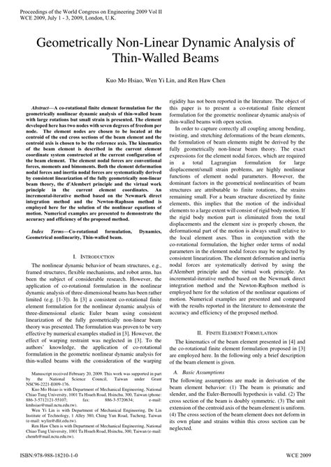 Pdf Geometrically Non Linear Dynamic Analysis Of Thin Walled Beams