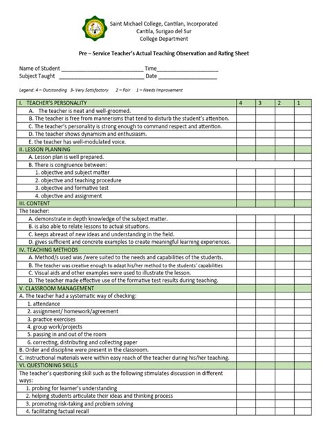 Rating Scale Evaluation Form For Fs Students Revised 2 Pdf Teachers
