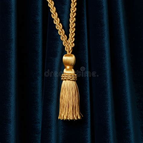 A Decorative Gold Tassel Hangs Against Dark Rich Blue Velvet Fabric