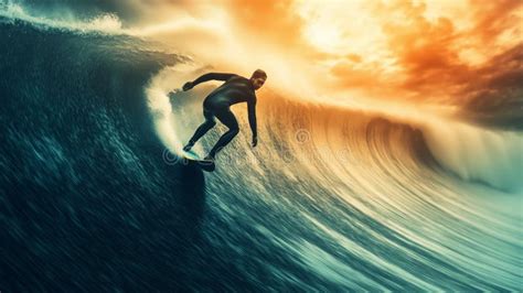 Surfer Skillfully Riding A Massive Wave At Sunset Near A Coastal Beach