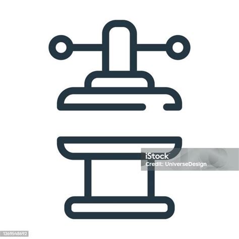 기계 얇은 선 아이콘을 누릅니다 산업 개념 격리 윤곽선 기호에서 기계 선형 아이콘을 누릅니다 웹 디자인 및 앱에 대한 벡터 그림 기호 요소입니다 0명에 대한 스톡 벡터 아트