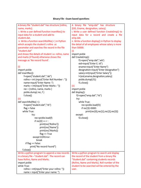 Binary File Exam Based Questions Pdf Parameter Computer