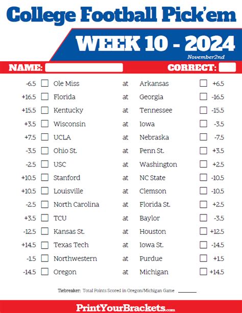 Printable Week 10 College Football Pickem Sheets 2025