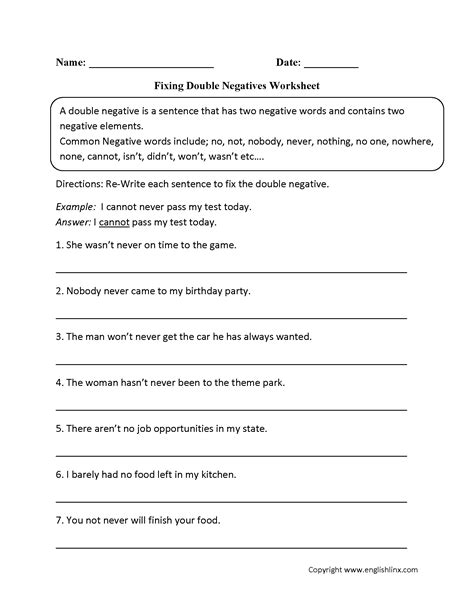 Free Printable Double Negative Worksheets