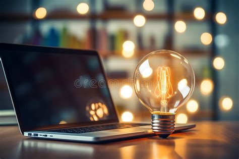 Computer On Table In Office With Glowing Light Bulb Idea Concept Stock Illustration