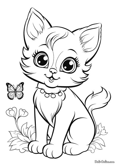 Раскраска Котёнок и бабочка распечатать или скачать