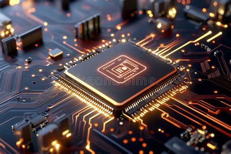 Close Up Of A Glowing Microchip On A Circuit Board Representing Advanced Technology And Modern