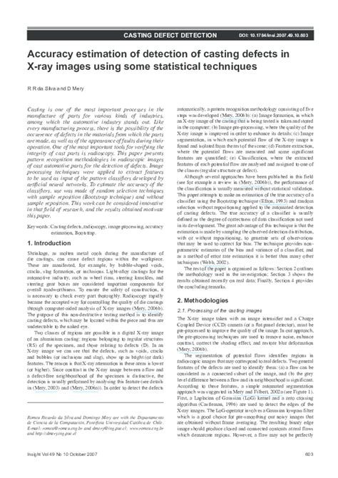 Pdf Accuracy Estimation Of Detection Of Casting Defects In X Ray Images Using Some Statistical