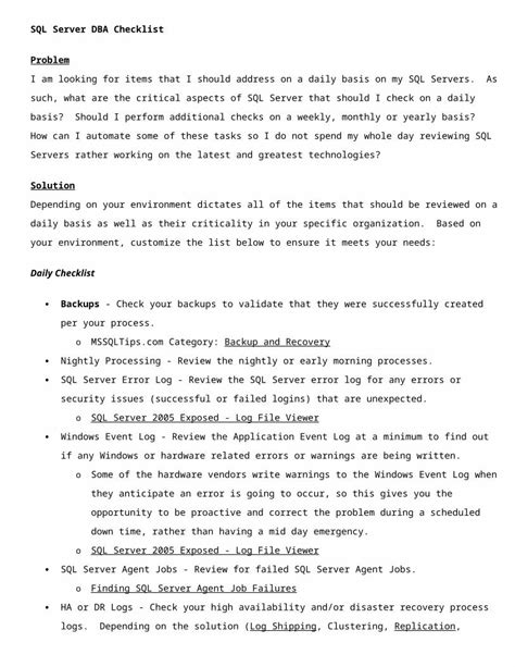 Doc Sql Server Dba Checklist Ok Dokumentips