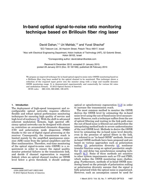 Pdf In Band Optical Signal To Noise Ratio Monitoring Technique Based On Brillouin Fiber Ring Laser