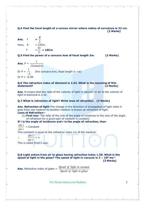 Important Questions For Class 10 Science Chapter 10 Light Reflection And Refraction With Solutions