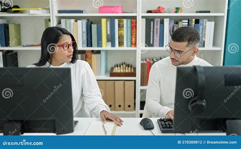 Man And Woman Babes Using Computer Studying At University Classroom Stock Photo Image Of