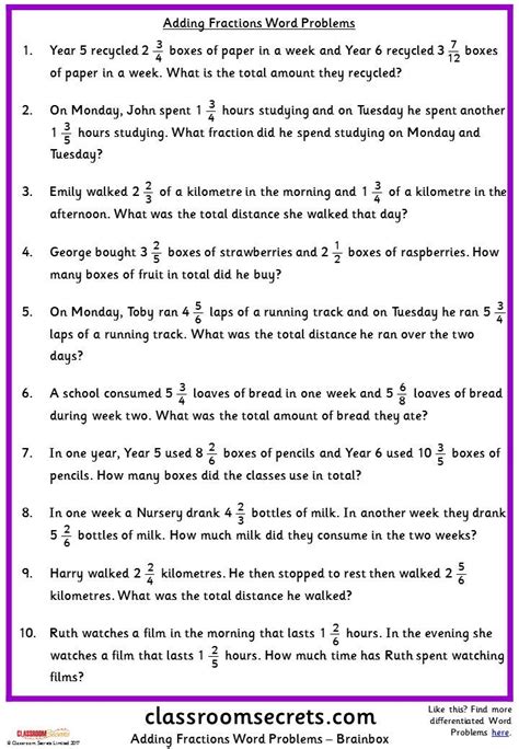 Adding Fractions Word Problems Classroom Secrets Fraction Word