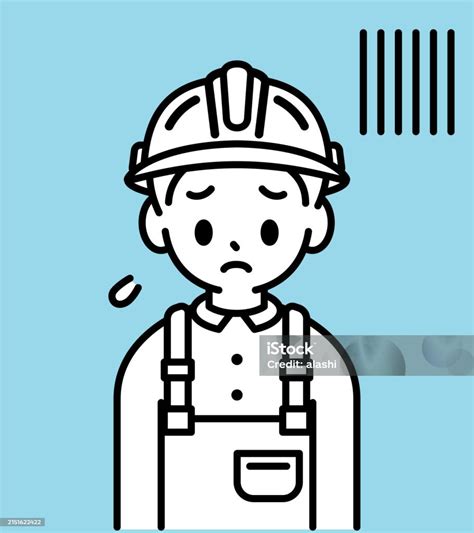 안전모를 쓰고 멜빵이나 교정기가 달린 작업복을 입고 엎드려 찡그리고 마음이 무겁고 간단한 선화 또는 건설 노동자 또는 건축업자의 아이콘 걱정하는에 대한 스톡 벡터 아트 및