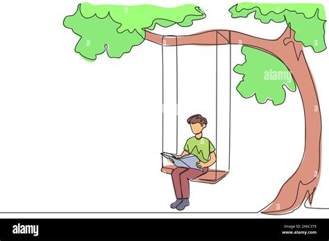 Continuous One Line Drawing Man Sitting On A Swing Under A Shady Tree