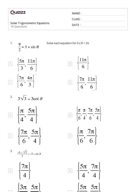 50 Trigonometric Equations Worksheets For 10th Grade On Quizizz Free