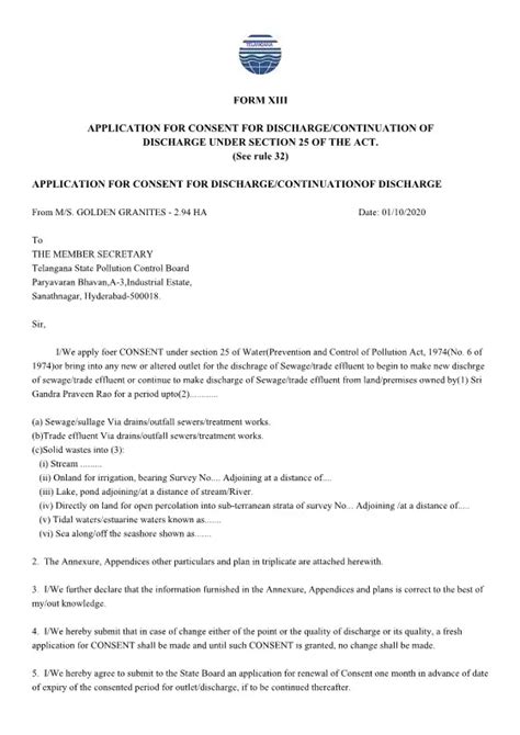 Form Xiii Application For Consent For Dischargecontinuation Of Discharge Under Section 25 Of