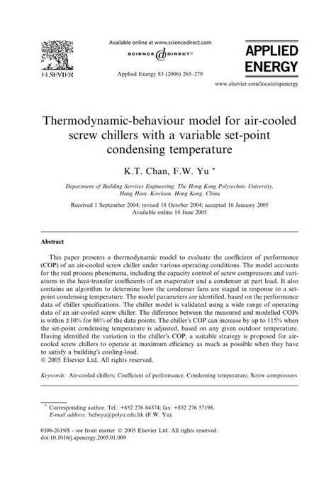 Pdf Thermodynamic Behaviour Model For Air Cooled Screw Chillers With