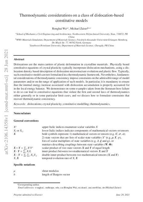 Pdf Thermodynamic Considerations On A Class Of Dislocation Based Constitutive Models
