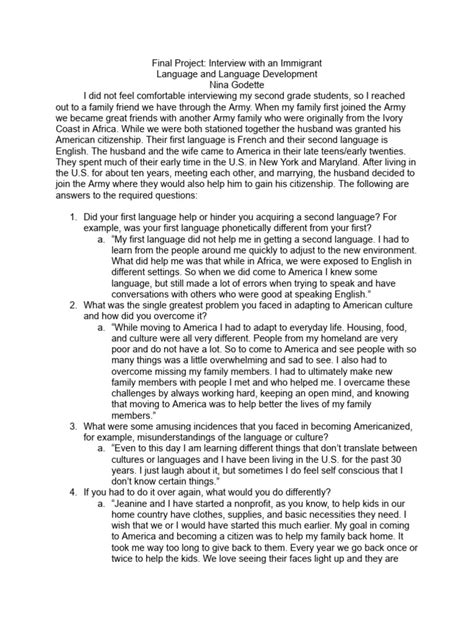 Final Project Interview With An Immigrant Pdf English Language