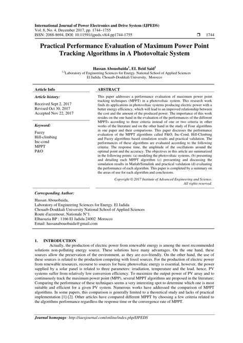 Pdf Practical Performance Evaluation Of Maximum Power Point Tracking Algorithms In A