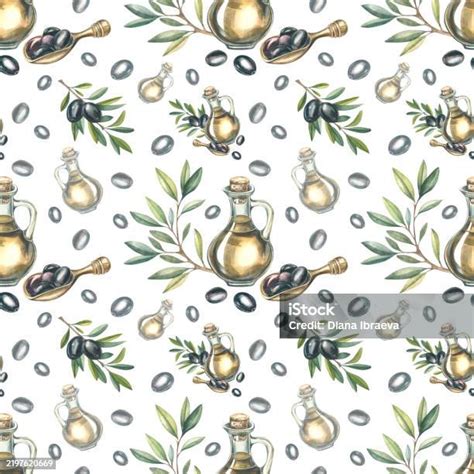 올리브 가지와 올리브 오일이 담긴 유리병이 있는 수채화 완벽 한 패턴 부엌 직물 디자인 포장을 위한 아름 다운 패턴 0명에 대한 스톡 벡터 아트 및 기타 이미지 Istock