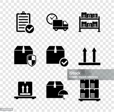 배달 목록 배달 트럭 및 시계 창고 골판지 상자 팔레트 우산 보안 보호막 및 패키지 확인 표시 아이콘패키지의 확인을 설정합니다 벡터 검은색에 대한 스톡 벡터 아트 및 기타