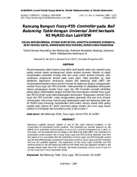 Pdf Rancang Bangun Fuzzy Pid Controller Pada Ball Balancing Table Dengan Universal Joint