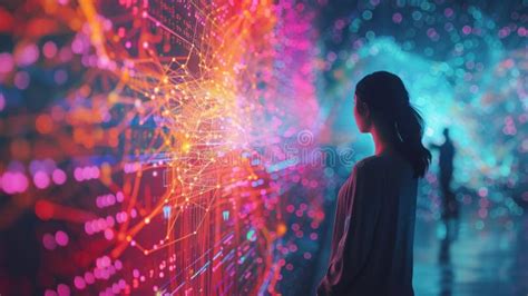 A Woman Explores A Complex Data Visualization Interface Touching A Futuristic Holographic